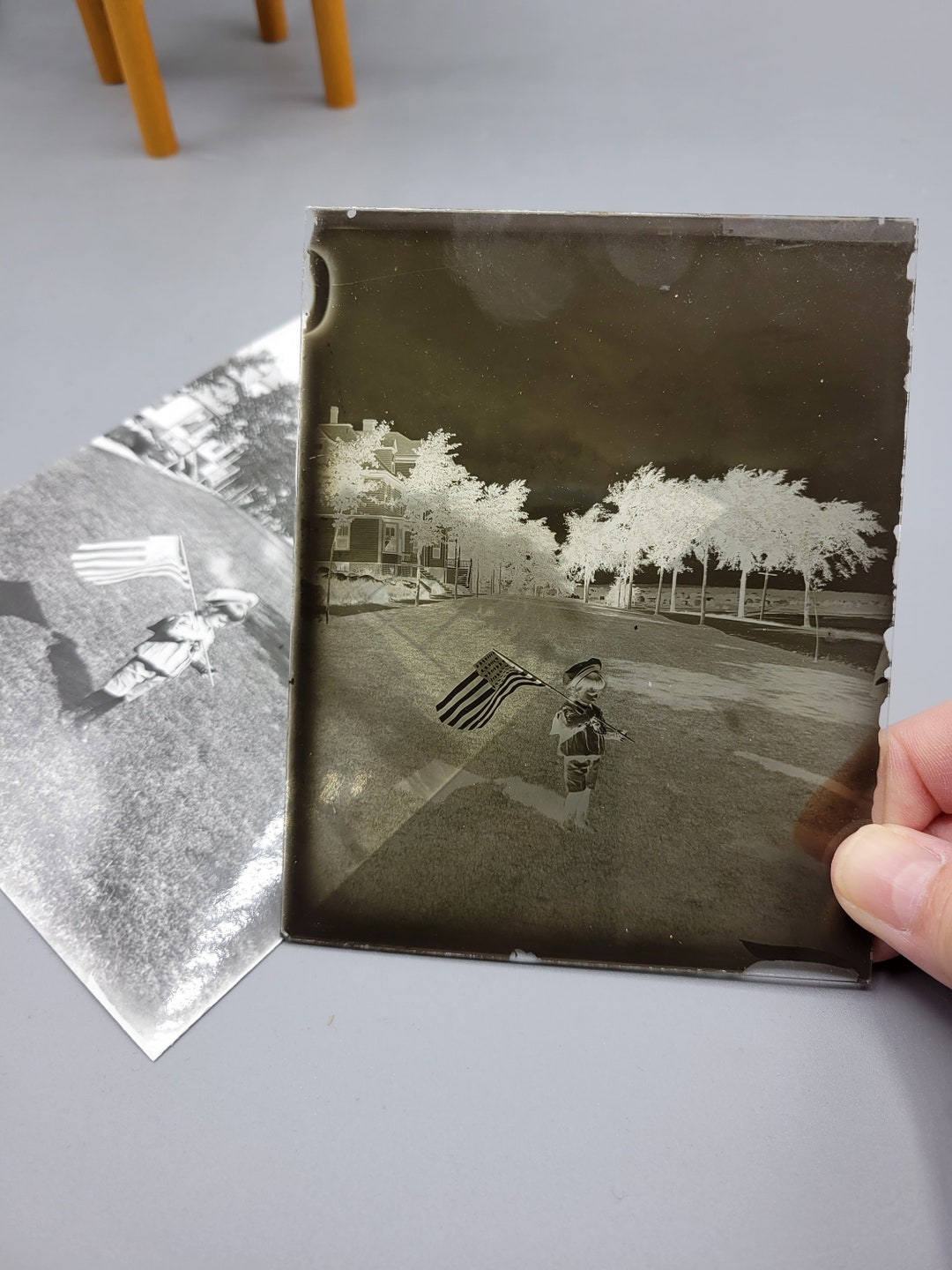 Rare Antique Glass Plate Negative, Girl With American Flag With Printed ...
