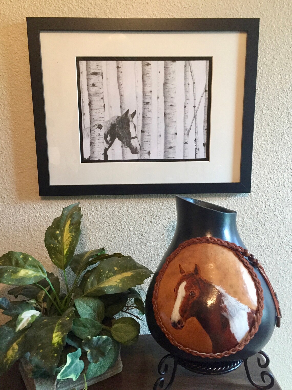 Print of Paint Horse in Birch Trees, Graphite Drawing, Pencil Drawing ...