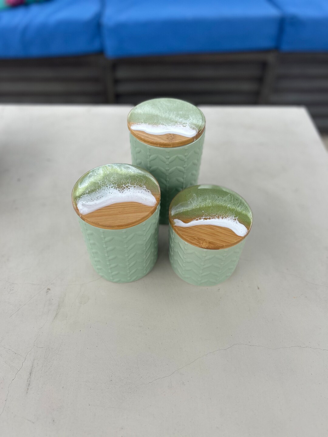 Set of Sage Green Ceramic Canisters With Ocean Wave Bamboo Top - Etsy