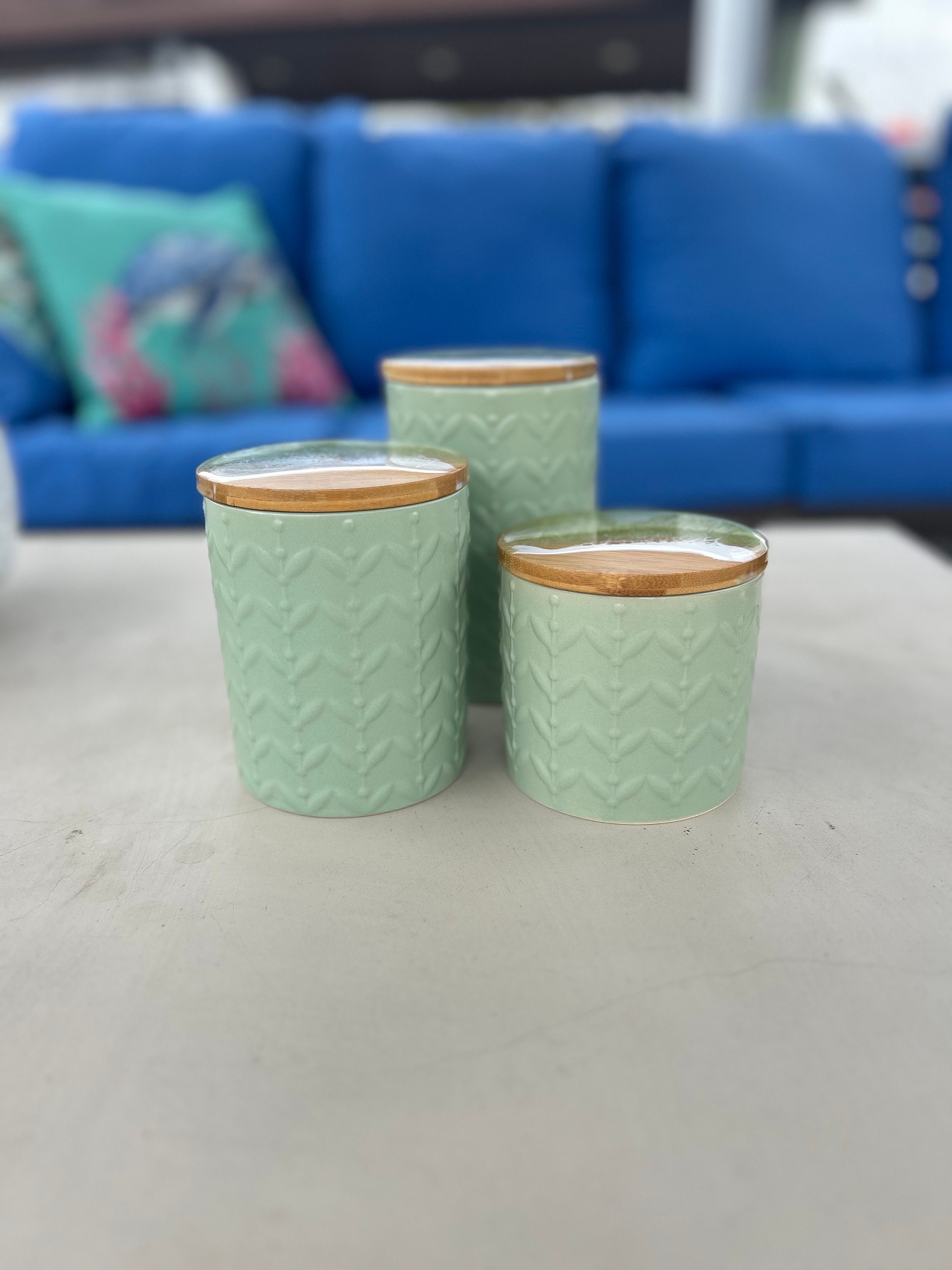 Set of Sage Green Ceramic Canisters With Ocean Wave Bamboo Top - Etsy