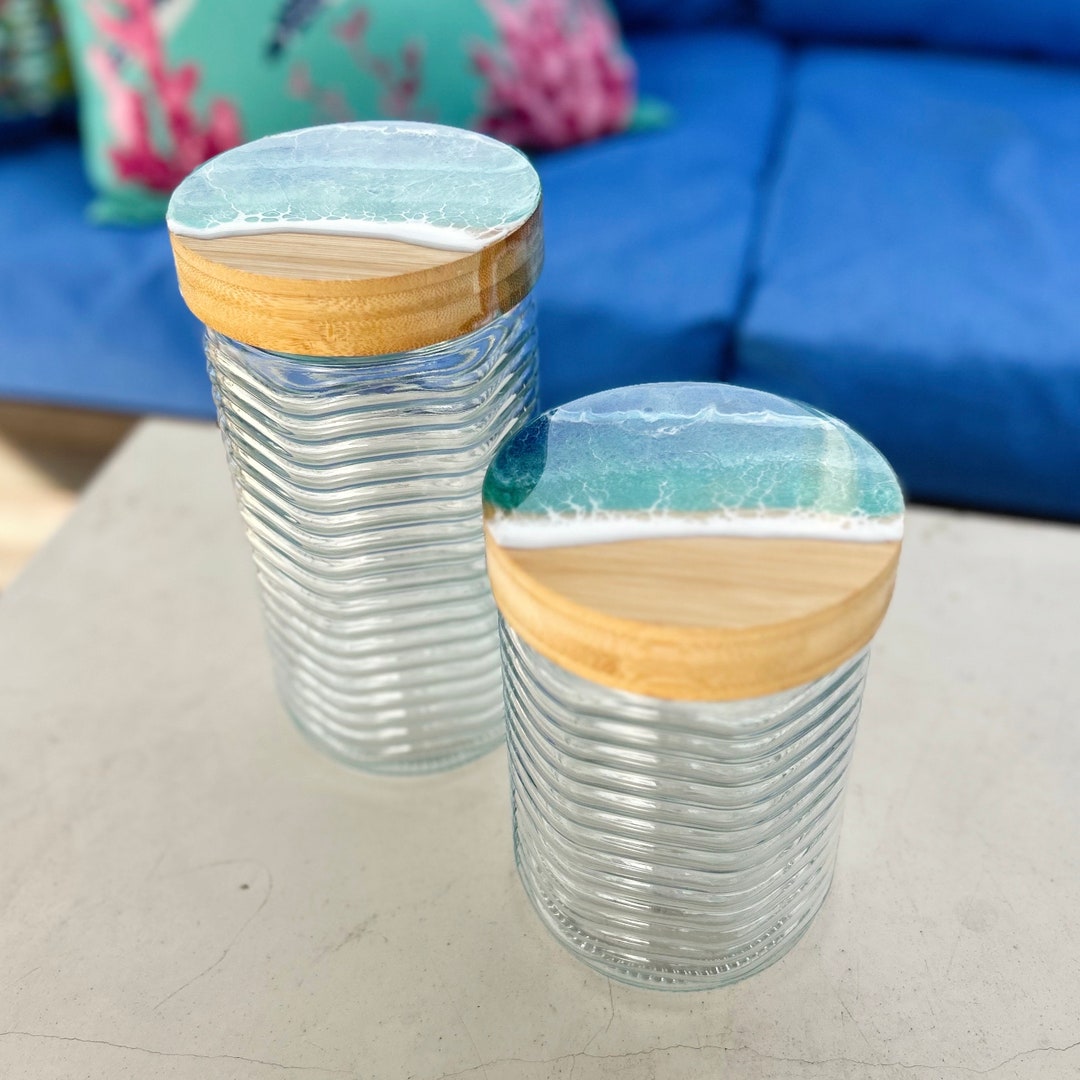 Set of Glass Jars With Ocean Wave Bamboo Top - Etsy