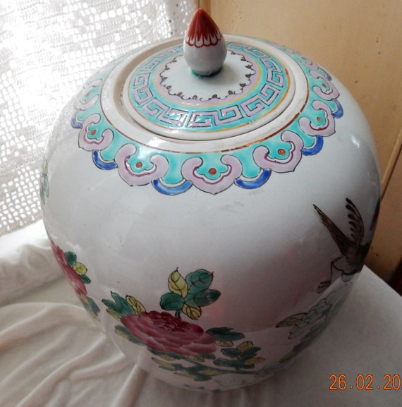 Antique Chinese Jar With Lid Large Hand Painted Nature Theme | Etsy