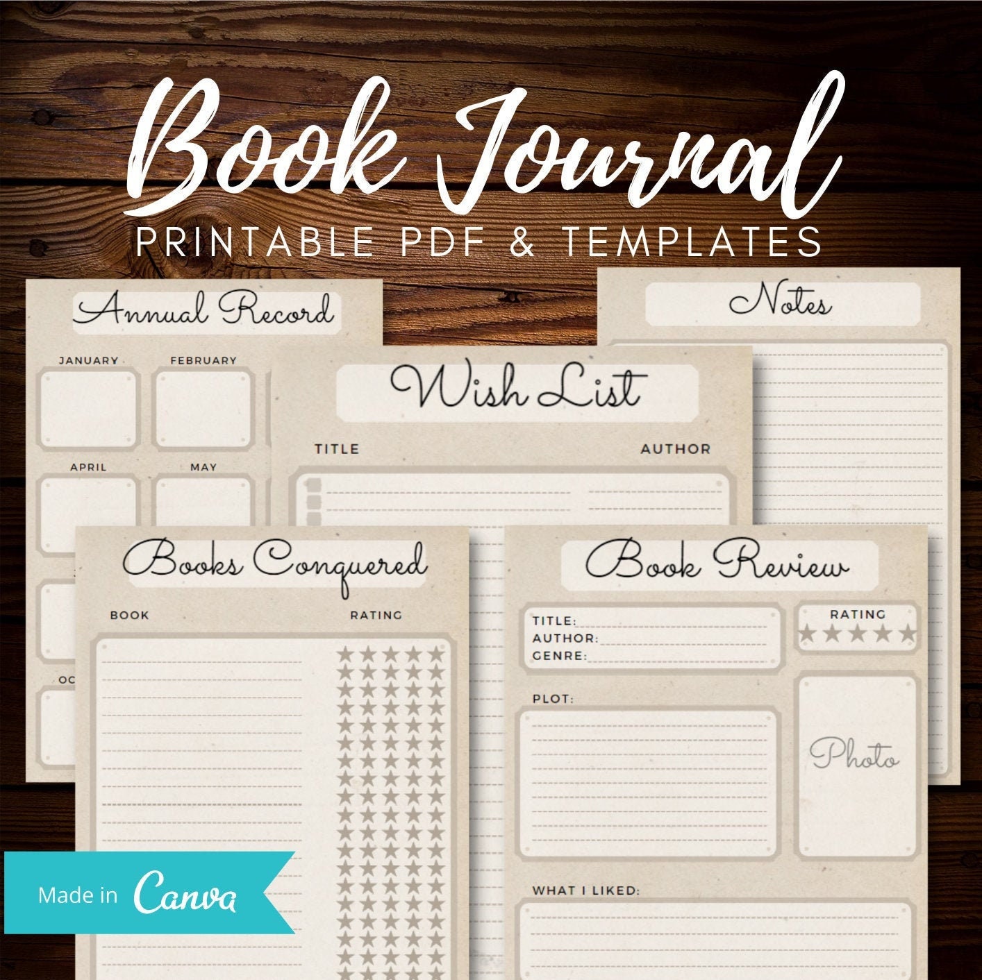 Book Journal Printable Template Set, Reading Diary, Downloadable. Canva ...