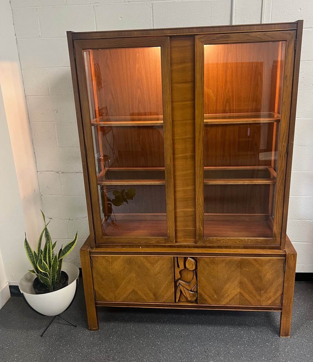 Mid Century Modern Tiki Brutalist Buffet Hutch Display China Cabinet ...