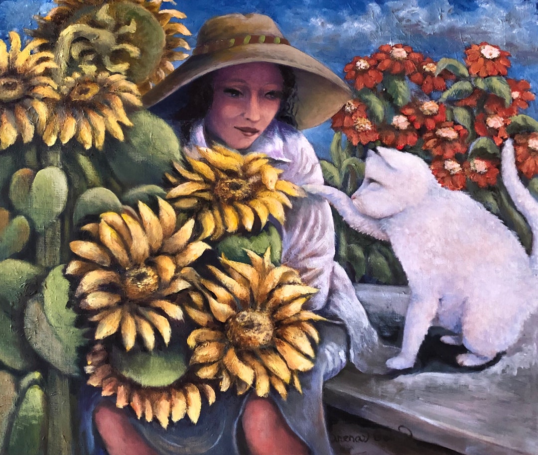 My Sunflowers and Boots. Original Art Sunflower Figure Cat - Etsy