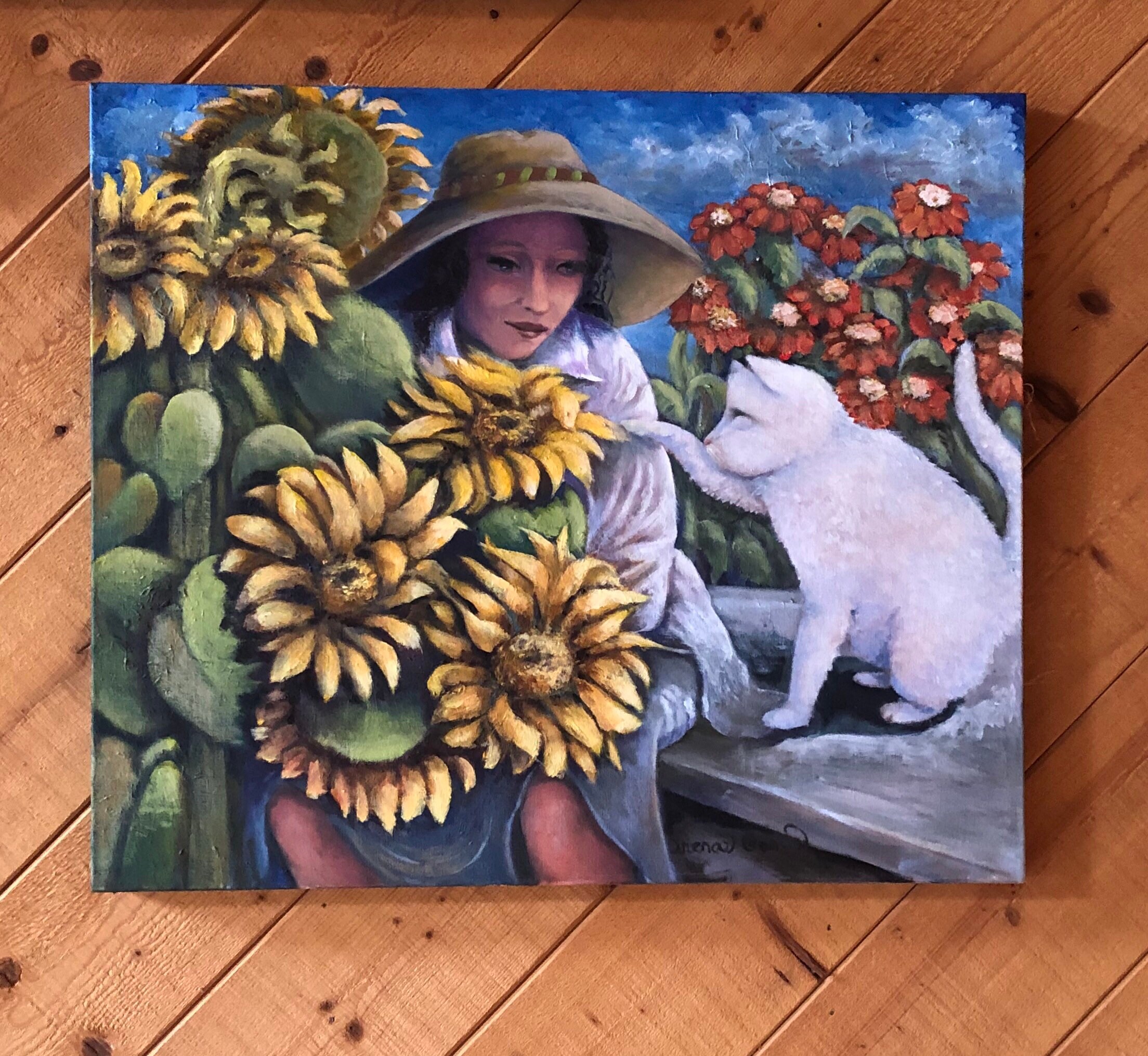 My Sunflowers and Boots. Original Art Sunflower Figure Cat - Etsy