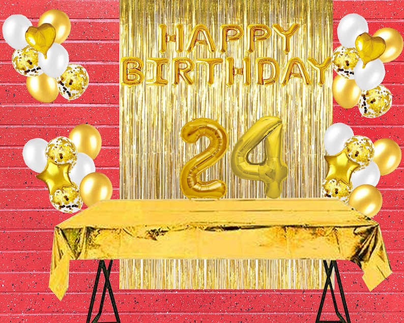 Gold 24th Birthday Celebration Balloon Happy Birthday Banner Backdrop ...