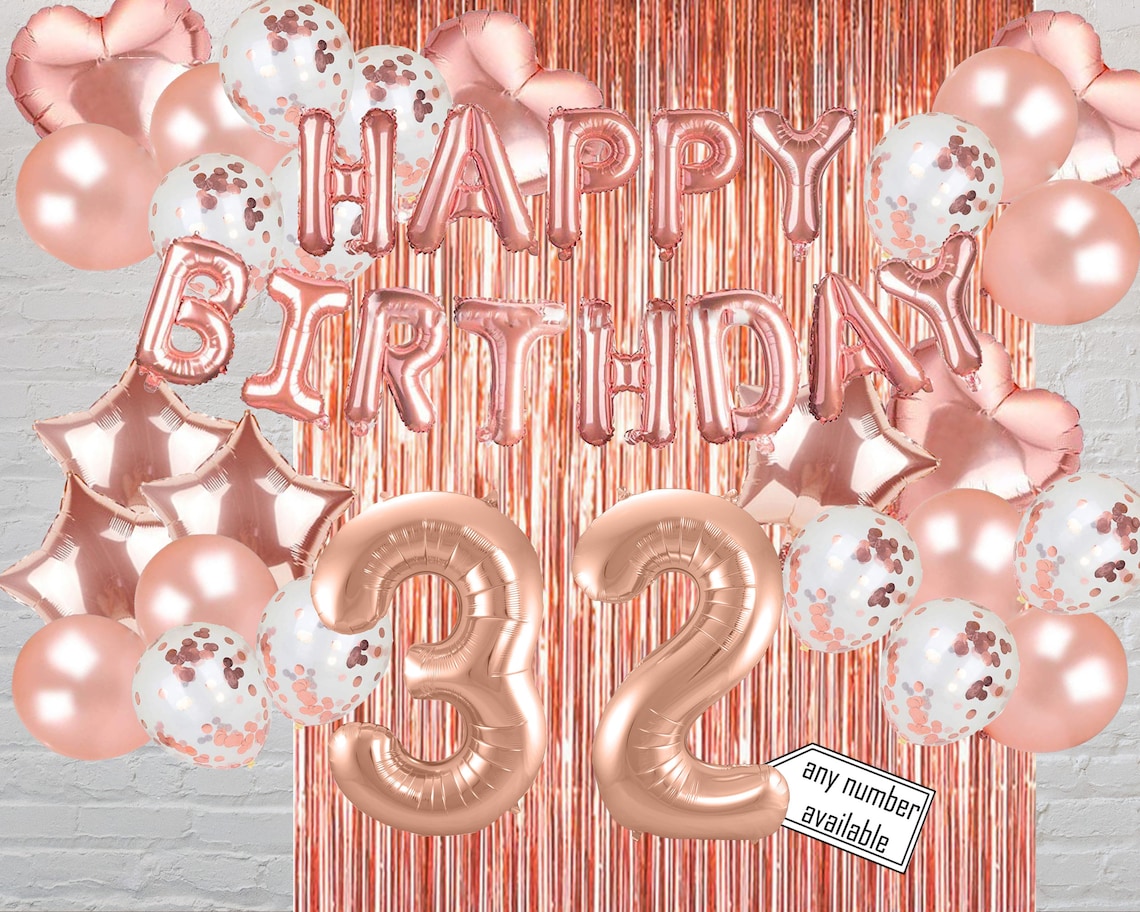 Happy 32nd Birthday Rose Gold Balloon Banner Photo Booth Backdrop Party ...