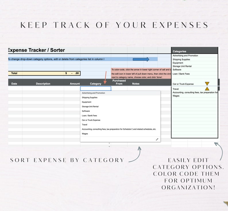 Expense Tracker Budget Spreadsheet Transaction Sorter Small Business ...