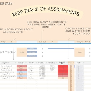 Academic Planner School Assignment Tracker Google Sheets ADHD Student ...