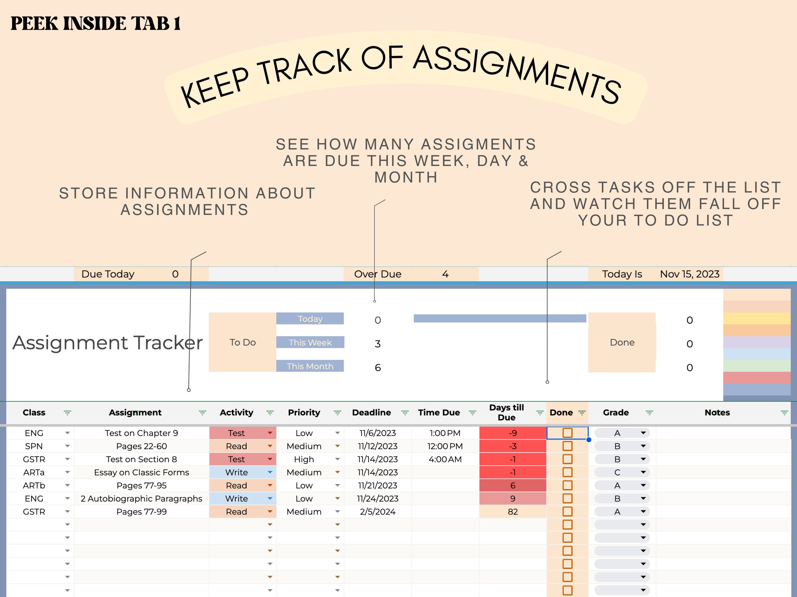 Academic Planner School Assignment Tracker Google Sheets ADHD Student ...