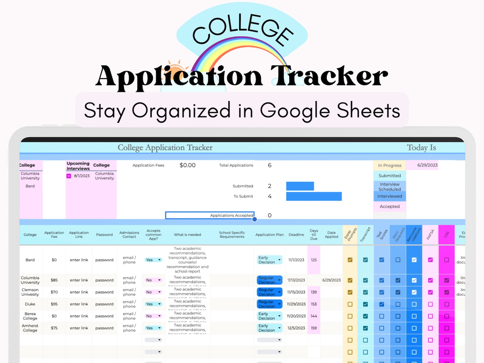 College Application Tracker Academic Planner Google Sheets Apply to ...
