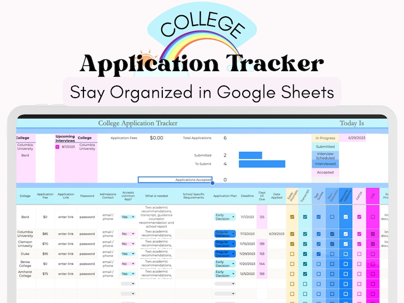 College Application Tracker Academic Planner Google Sheets Apply to College Application ...