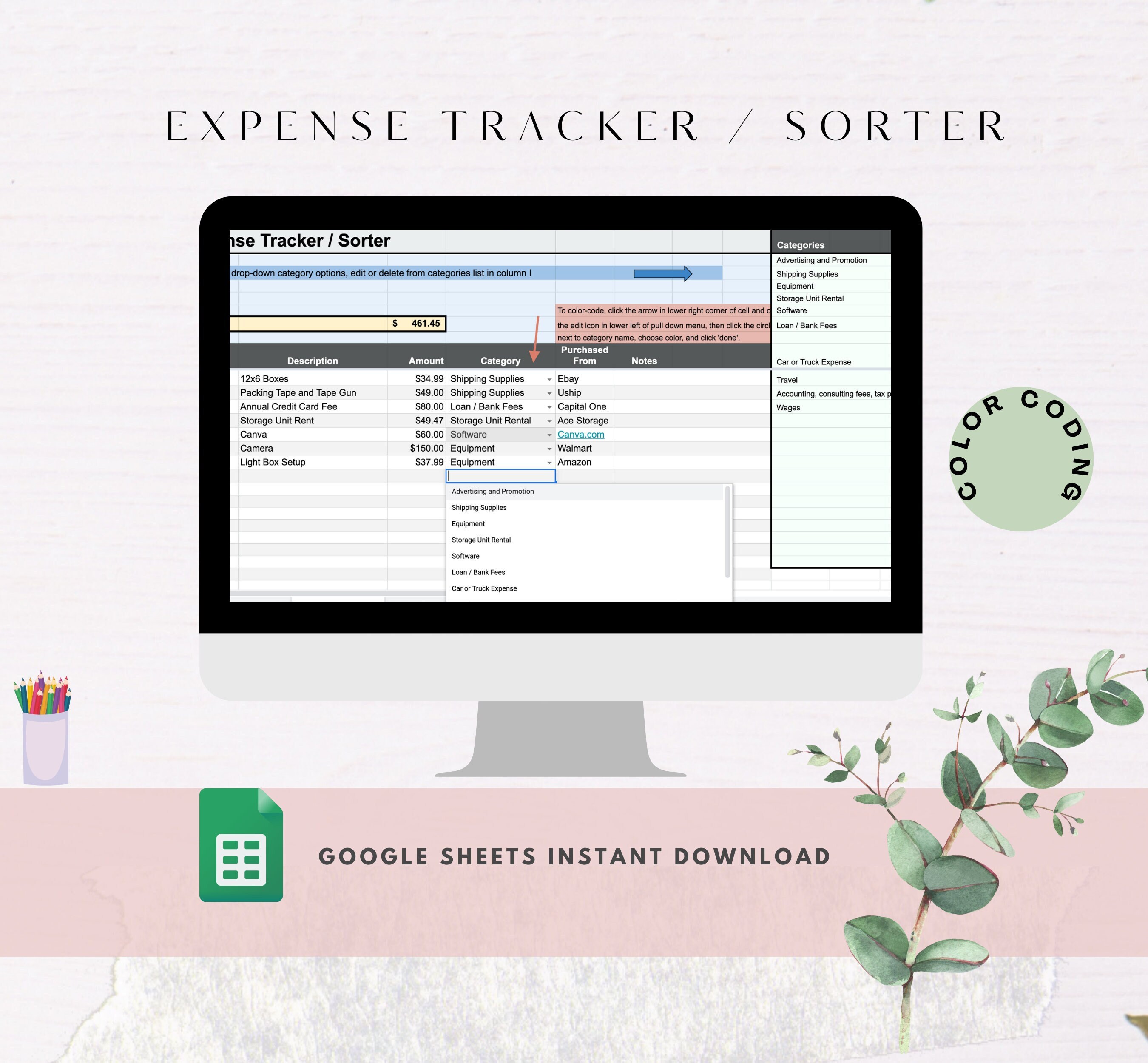 Expense Tracker Budget Spreadsheet Transaction Sorter Small Business ...