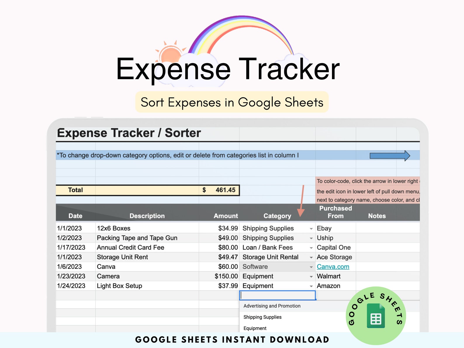 Expense Tracker Budget Spreadsheet Transaction Sorter Small Business ...