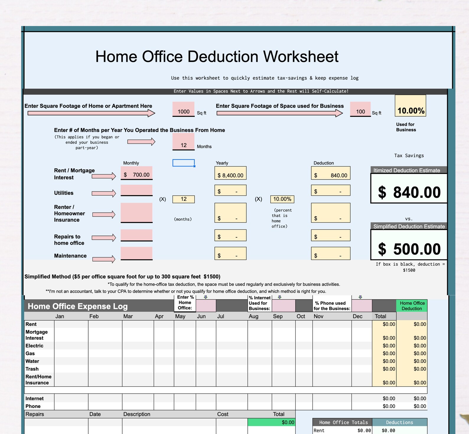 Home Office Deduction Calculator Tax Spreadsheet Small Business Planner, Google Sheets Business ...