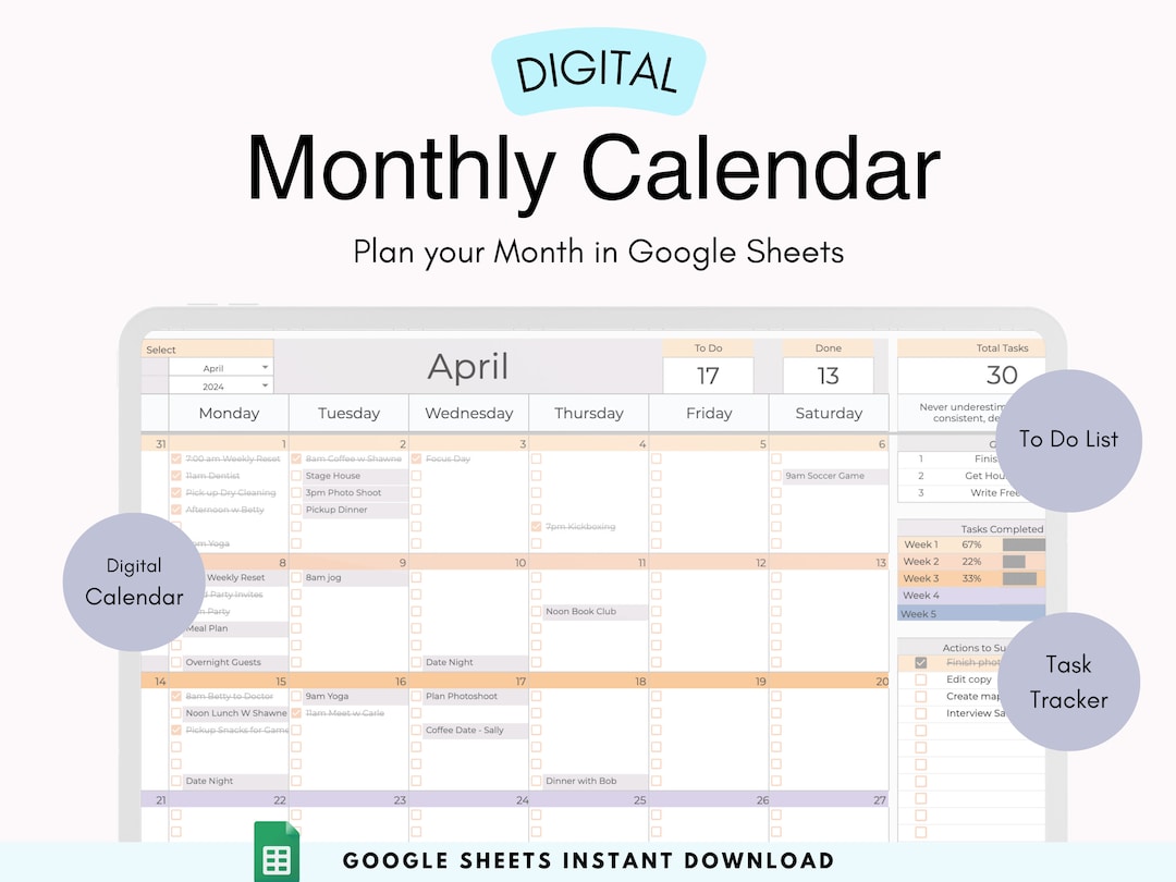 Monthly Calendar 2025 2026 Planner Google Sheets Editable Calendar Task ...