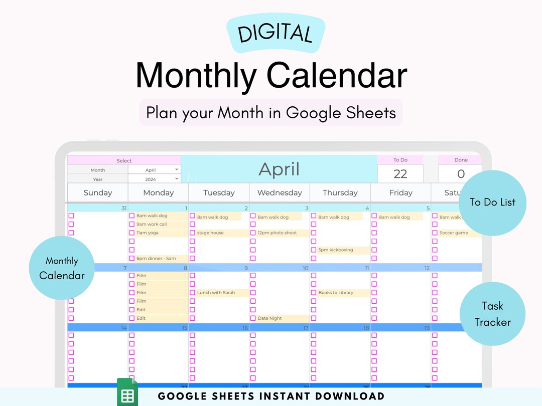 Digital Monthly Calendar 2025 Task Planner Google Sheets Editable ...