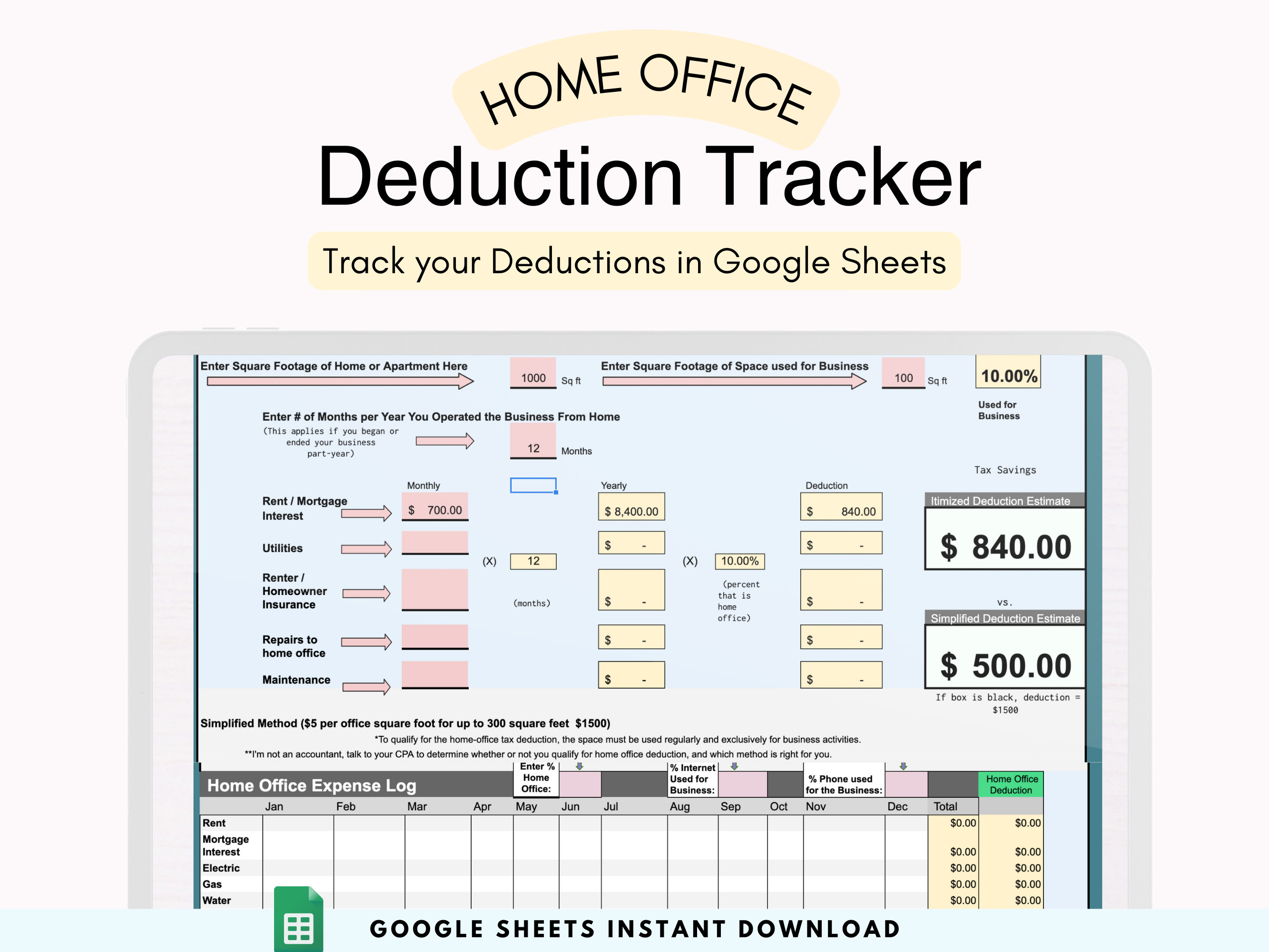 Home Office Deduction Calculator Tax Spreadsheet Small Business Planner, Google Sheets Business ...