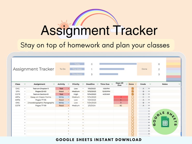 Academic Planner School Assignment Tracker Google Sheets ADHD Student ...