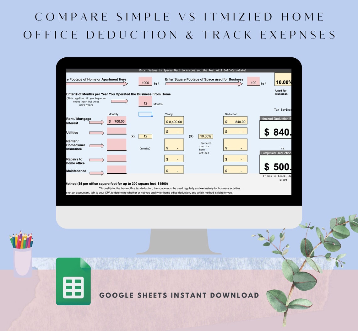 Home Office Deduction Calculator Tax Spreadsheet Home Office - Etsy