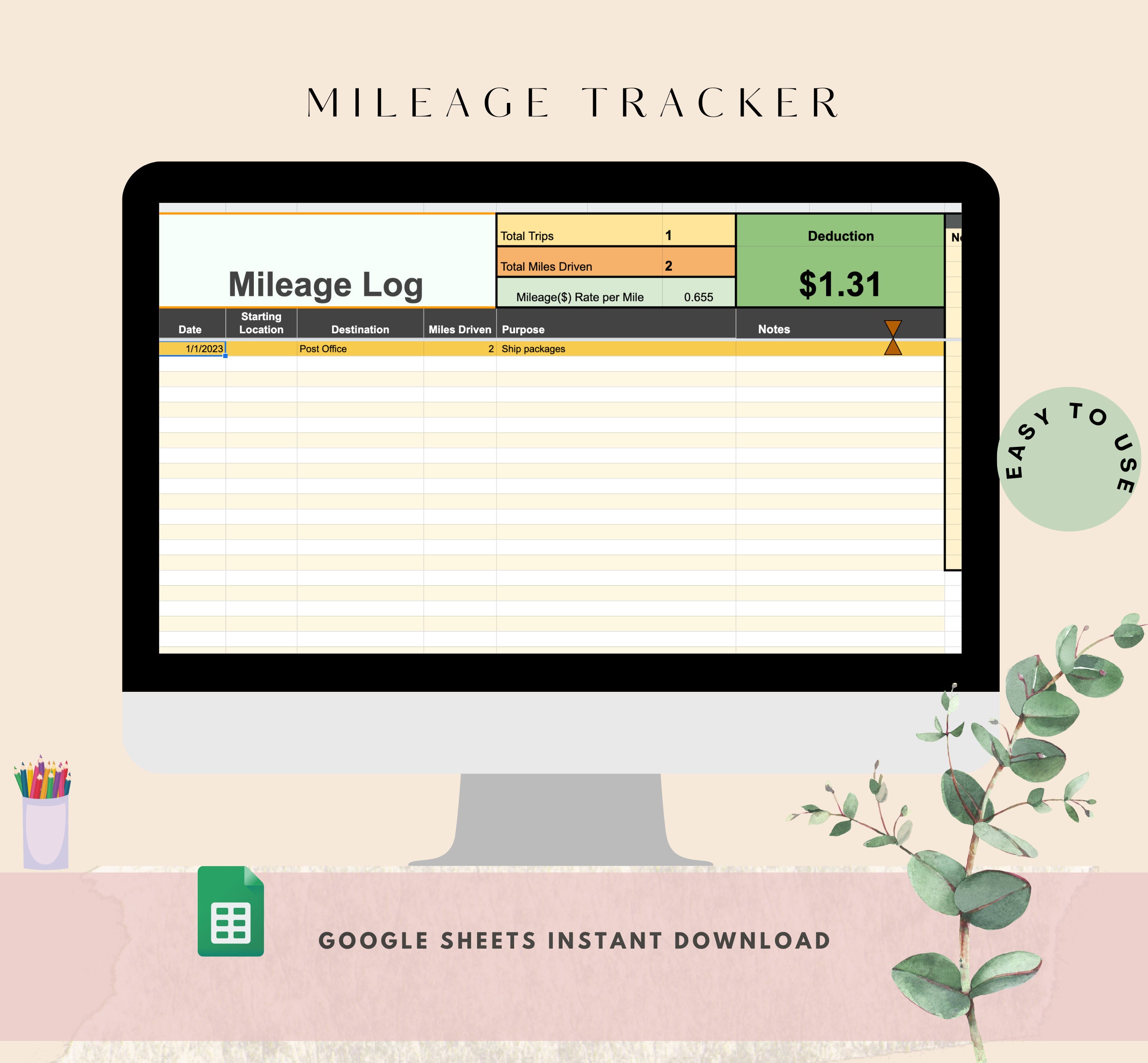 Mileage Deduction Spreadsheet Business Mileage Tracker Self Employed ...