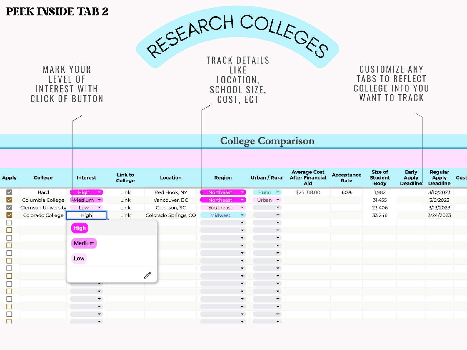 College Application Tracker Academic Planner Google Sheets Apply to ...
