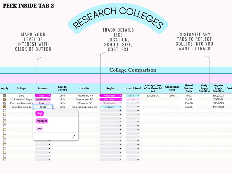 College Application Tracker Academic Planner Google Sheets Apply to ...