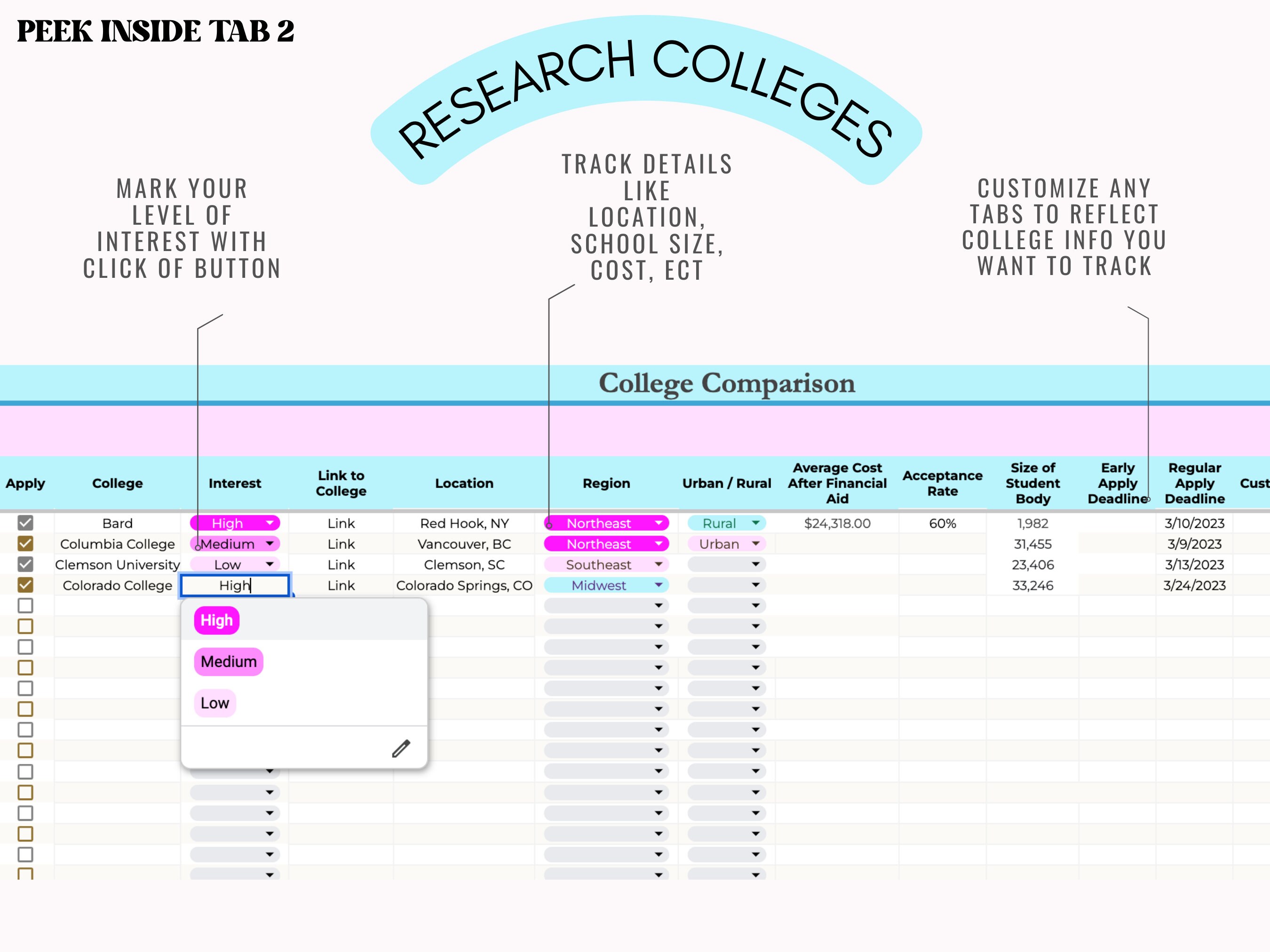 College Application Tracker Academic Planner Google Sheets Apply to ...