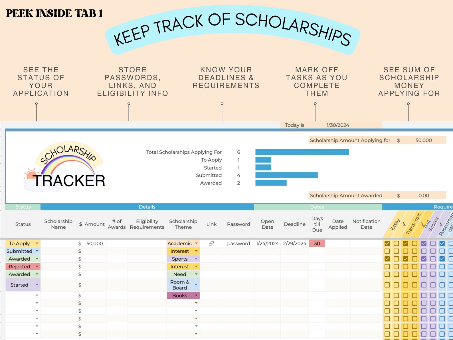 Scholarship Tracker Google Sheets College Planning Spreadsheet School ...