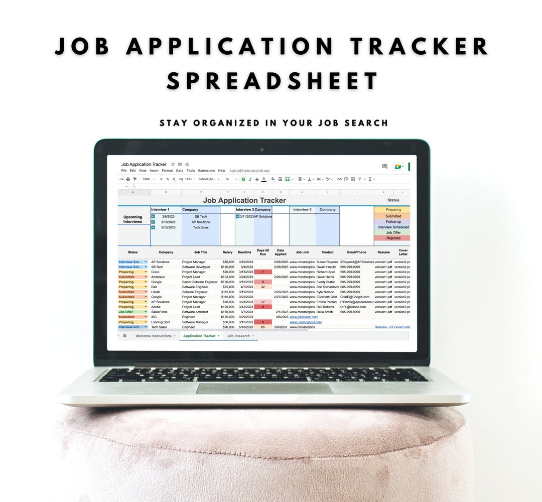 Job Search Organizer, Job Application Resume Spreadsheet, Career Goal ...