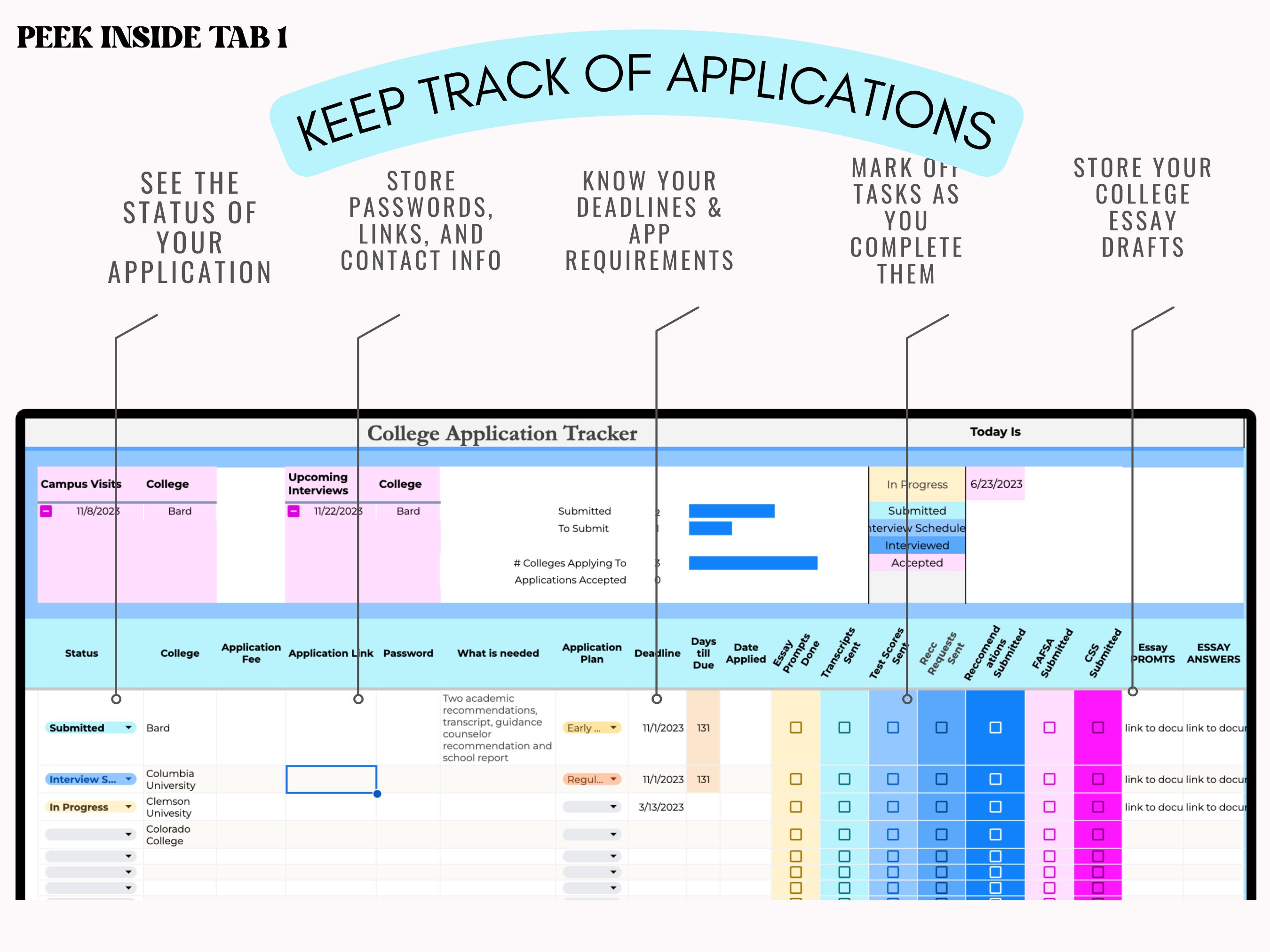 College Application Tracker Academic Planner Google Sheets Apply to ...