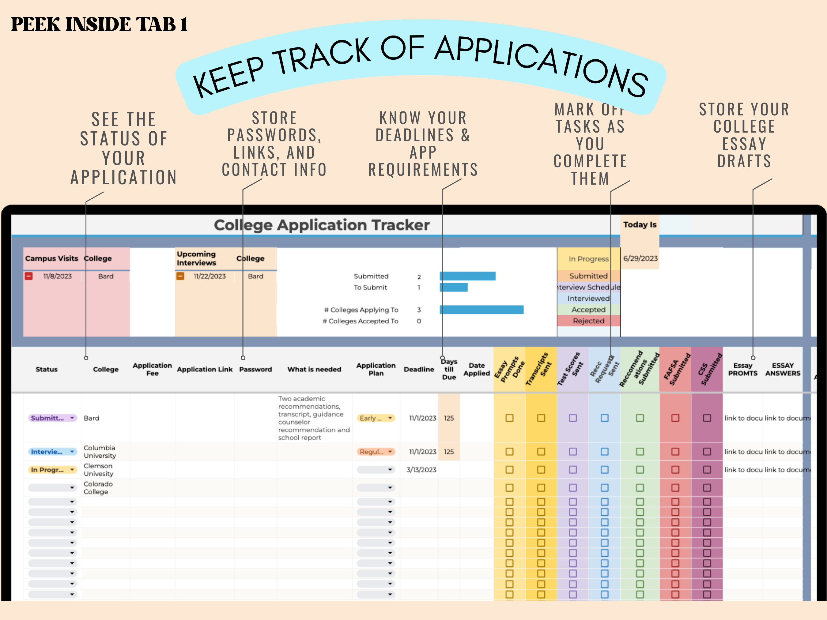 College Application Tracker College to Do List Organizer ADHD Student ...