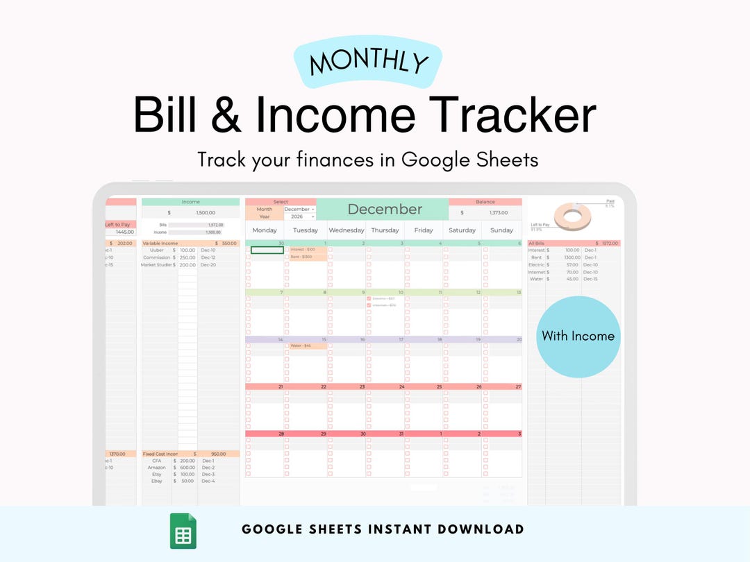 Monthly Bill Tracker Budget Template, Monthly Bill Calendar Income and ...