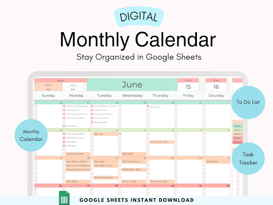 Digital Monthly Calendar 2025 Task Planner Google Sheets Editable ...
