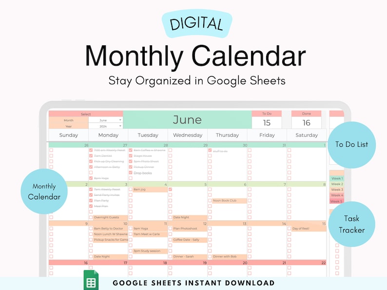 Digital Monthly Calendar 2025 Task Planner Google Sheets Editable ...