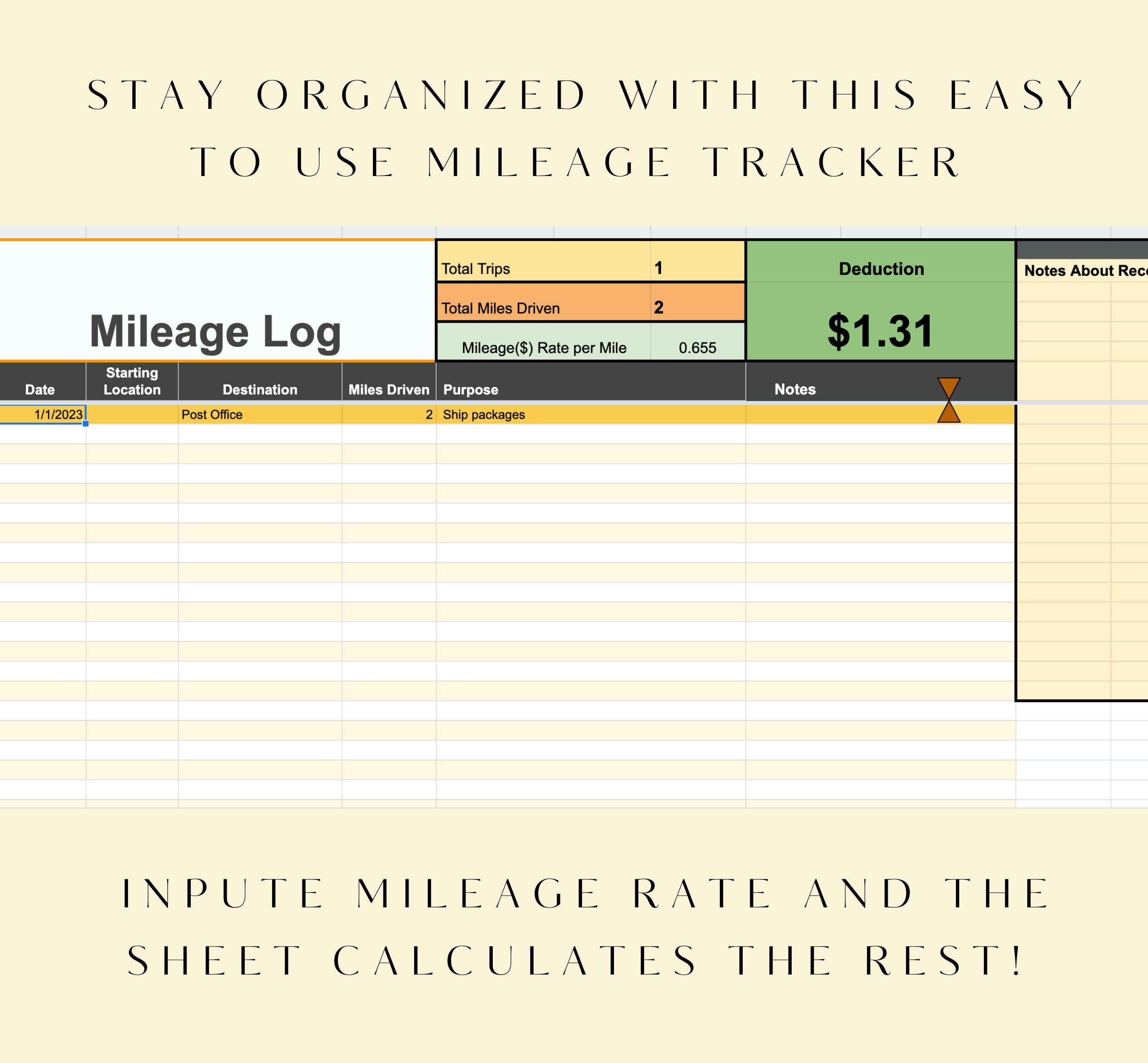 Mileage Deduction Spreadsheet Business Mileage Tracker Self Employed ...