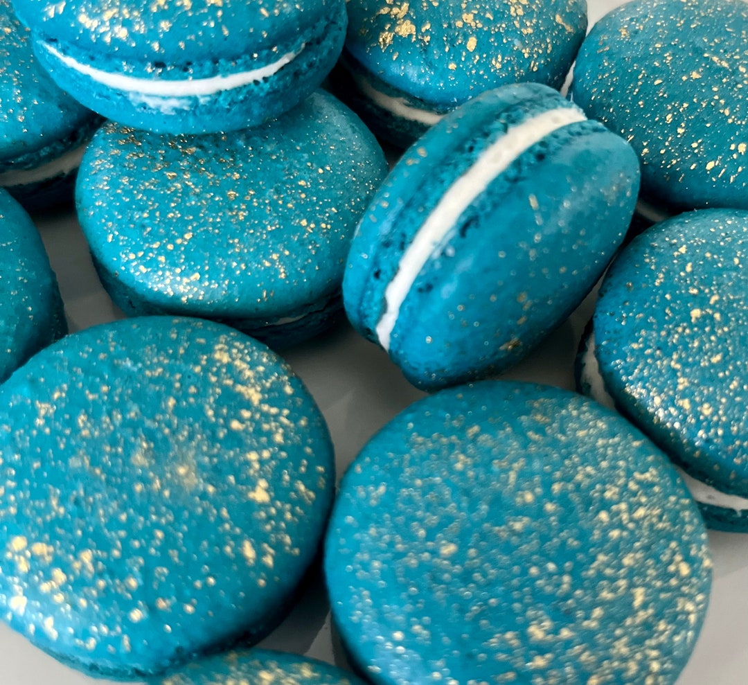 12 Gold Splatter on Pacific Blue French Macarons-silver Splash,baby ...