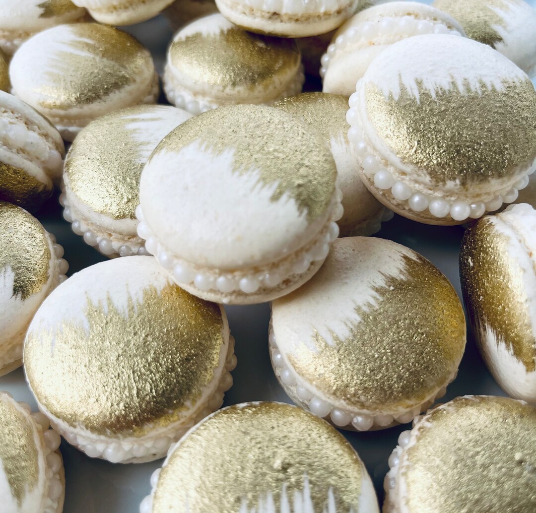 12 Gold Brushed French Macarons With Pearls,baby Shower,wedding Favor ...