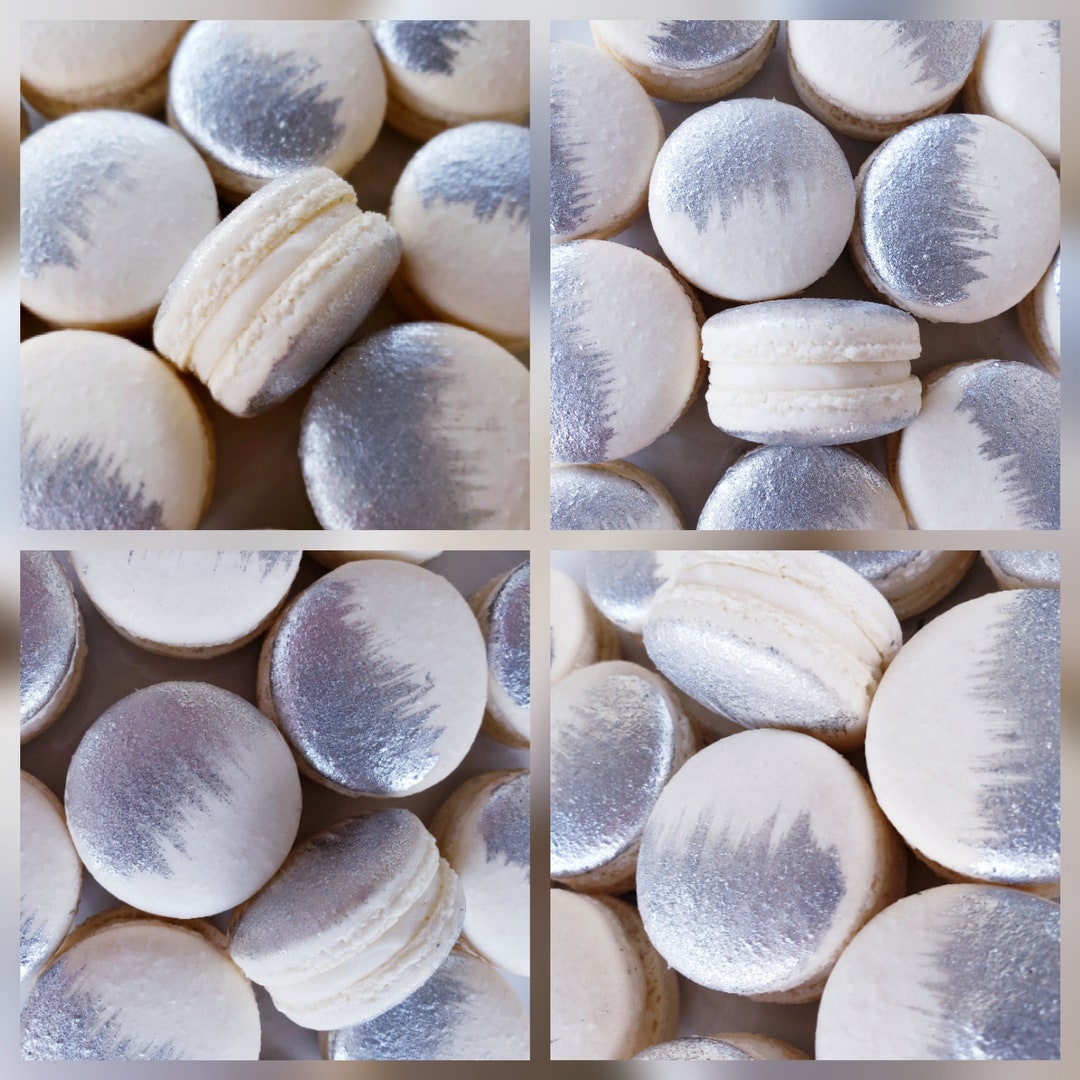 12 Silver Brushed French Macarons-gold Splash, Baby Shower, Wedding ...