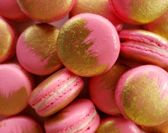 12 Pink Gold Brushed French Macarons, Gold Splash, Baby Shower, Wedding ...
