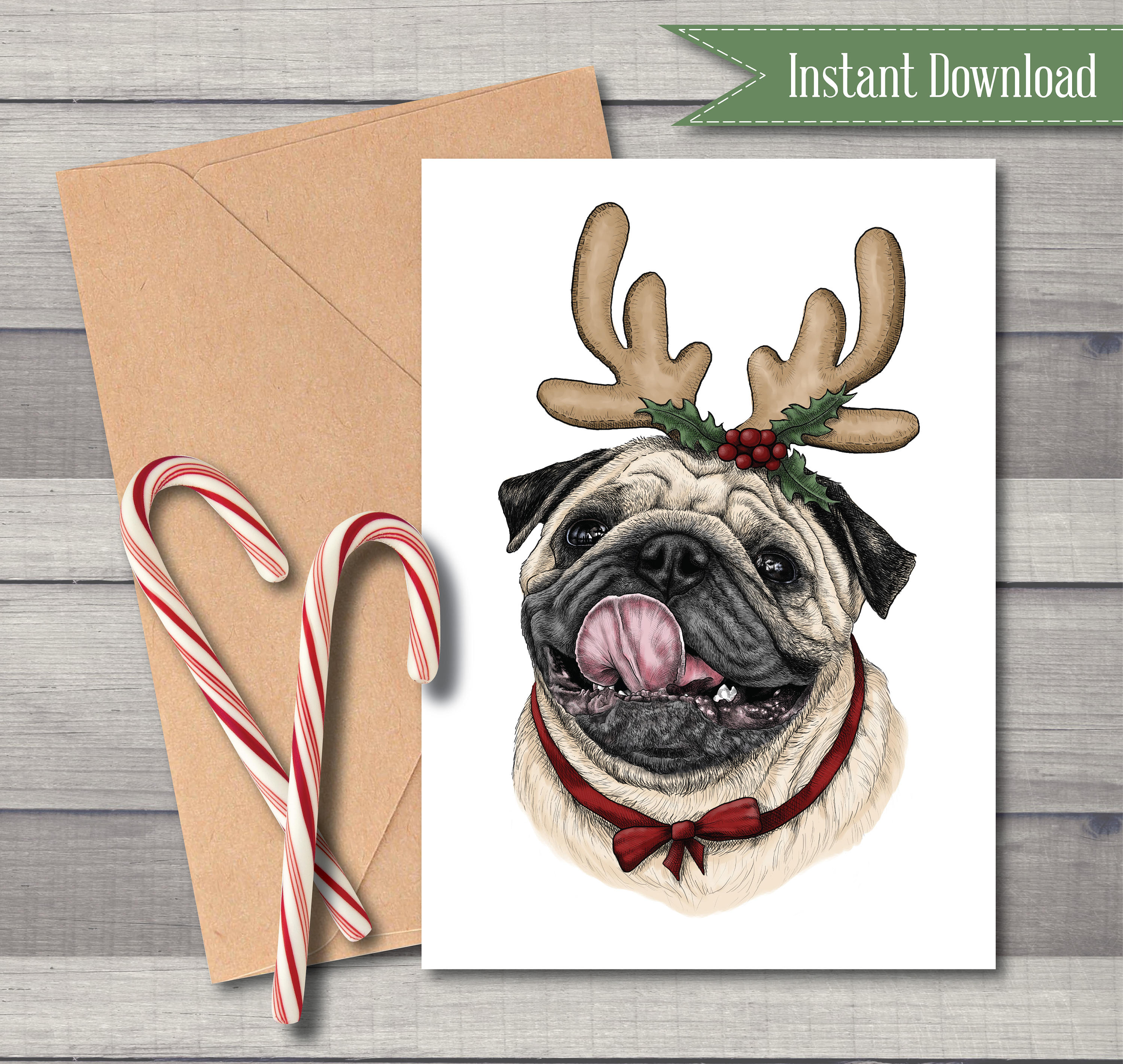 5x7 Pug Holiday Card - Pug Art - Digital Download - Printable Christmas ...