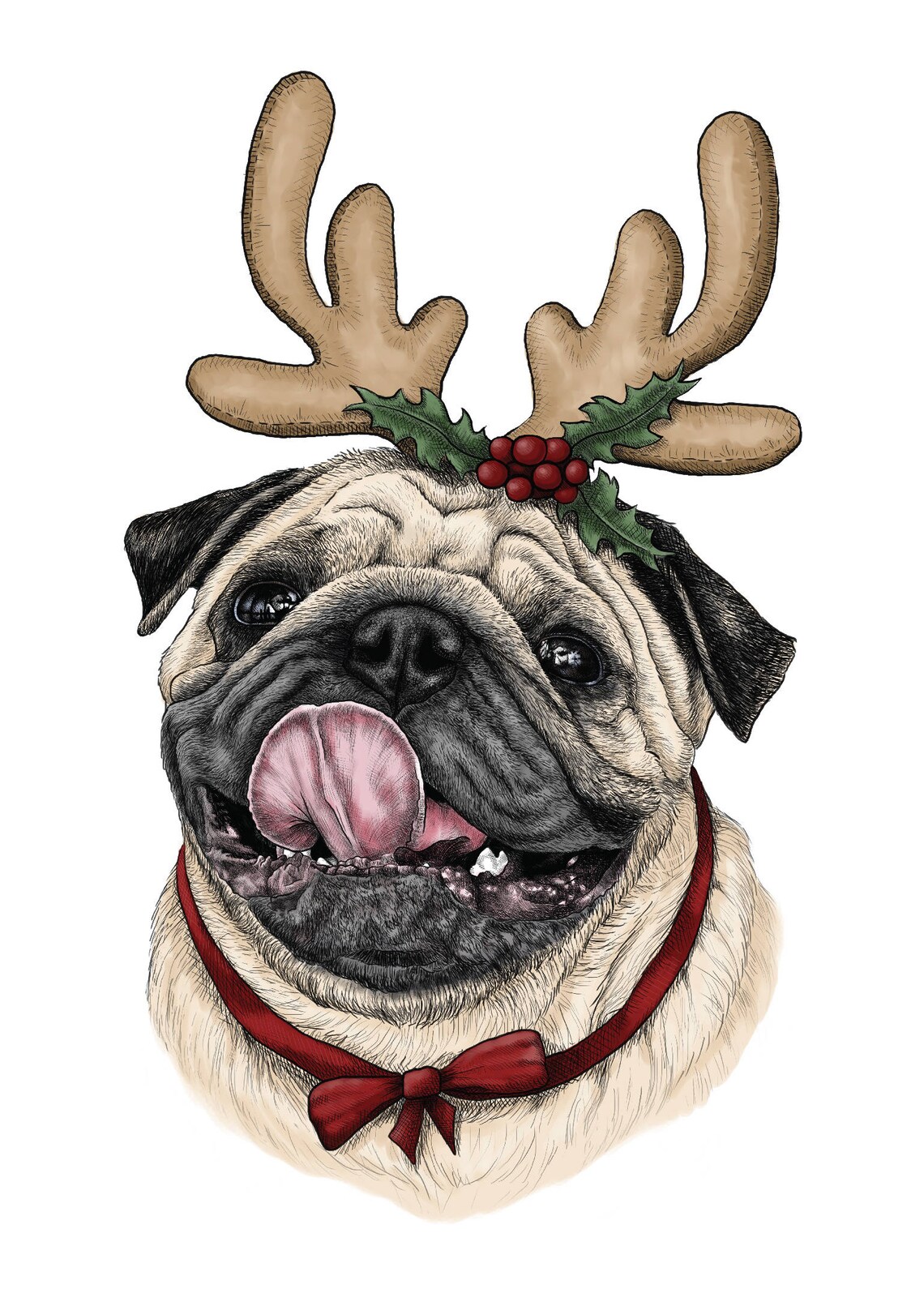 5x7 Pug Holiday Card - Pug Art - Digital Download - Printable Christmas ...