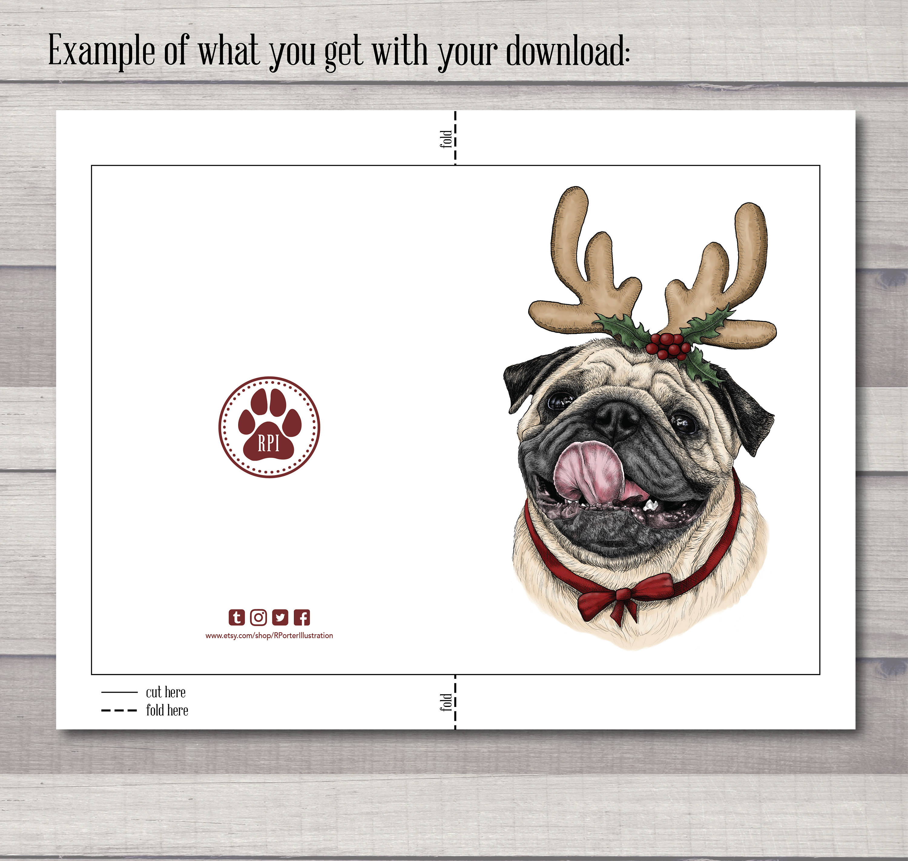 5x7 Pug Holiday Card - Pug Art - Digital Download - Printable Christmas ...