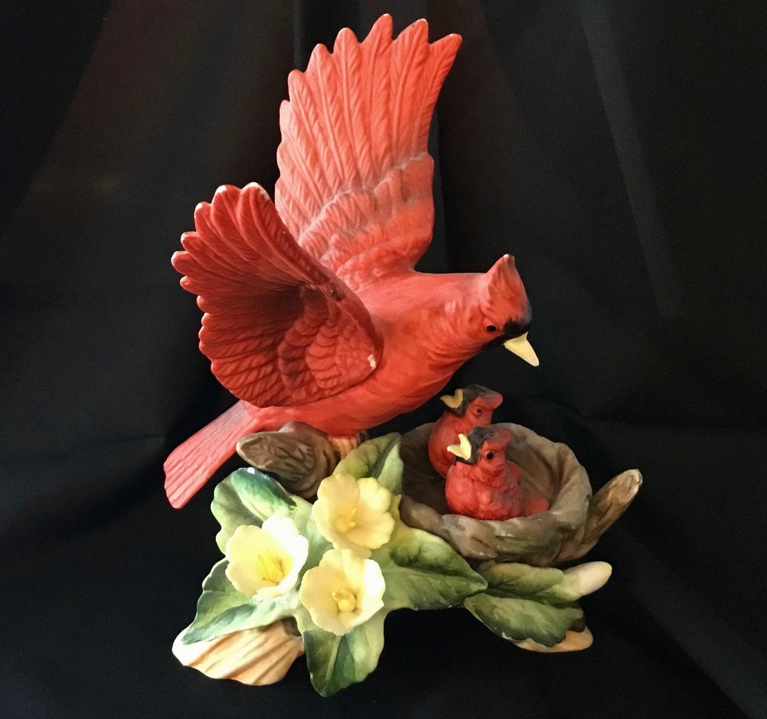 Vintage Porcelain Red Cardinal With Baby Chicks in Nest Maker Unknown ...