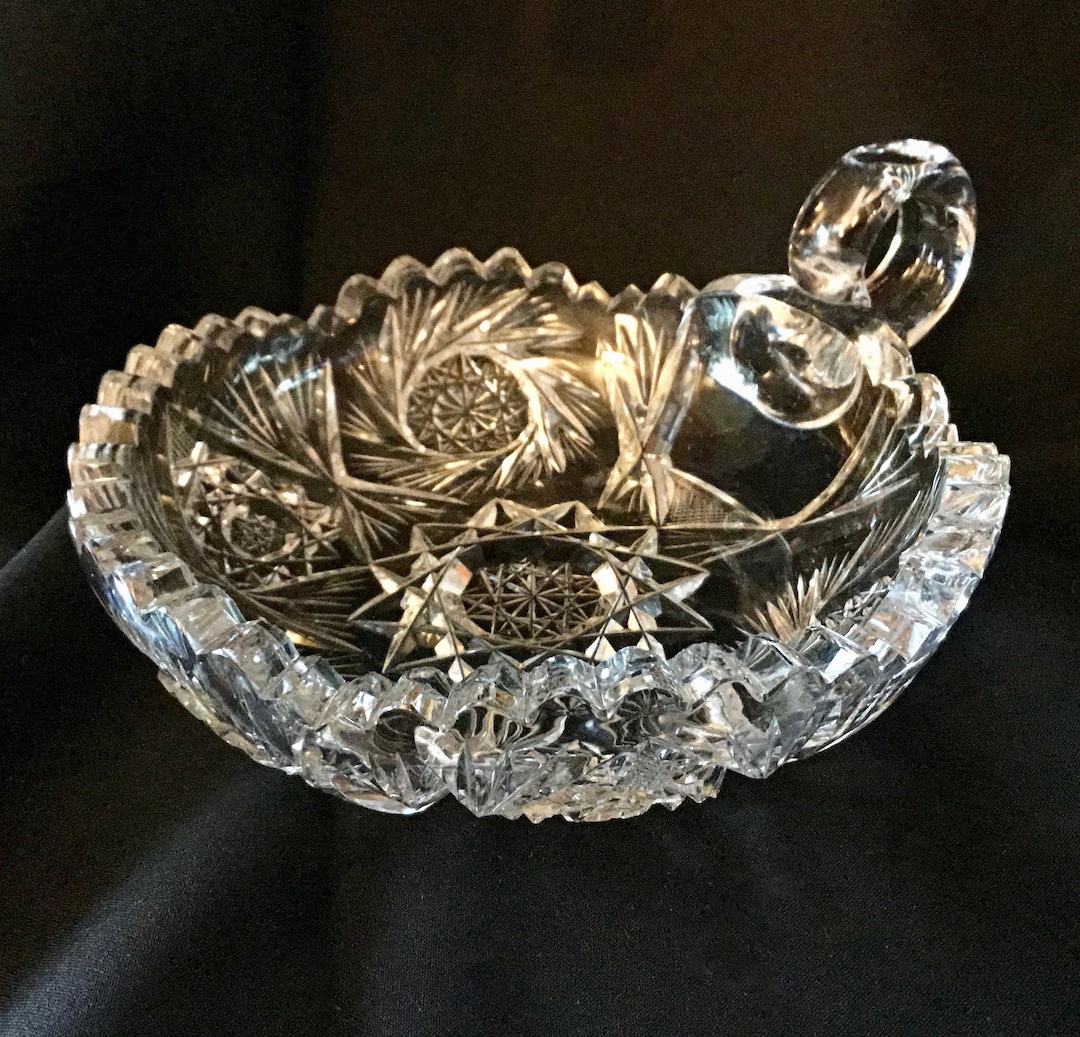 Antique American Cut Glass Bowl With Handle, Hobstars, and Sawtooth ...