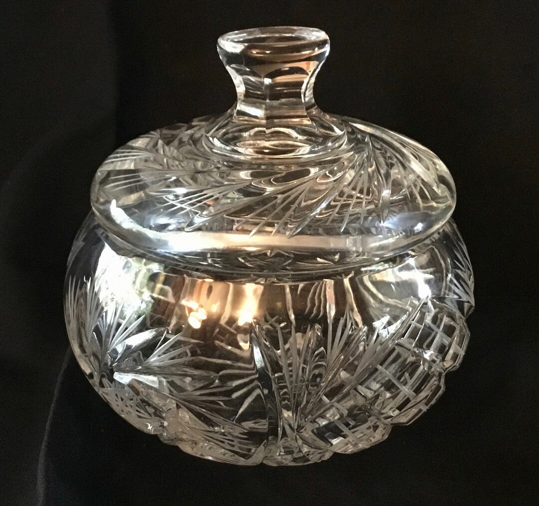 Vintage Kusak Cut Glass Works "berlin" Pattern Cut Glass Covered Sugar ...