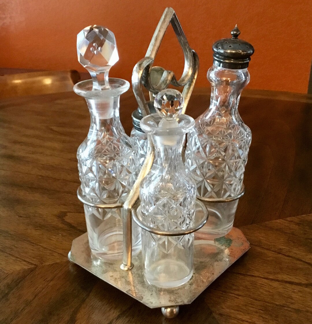 Antique Victorian Electroplated Silver Caddy and Cut Glass Condiment ...