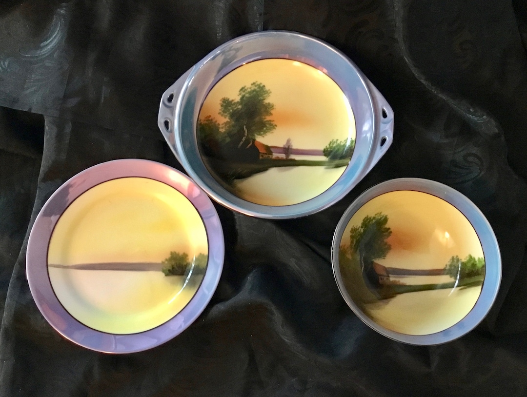 Vintage Noritake Hand Painted Blue Lusterware Porcelain Plate and Bowl ...