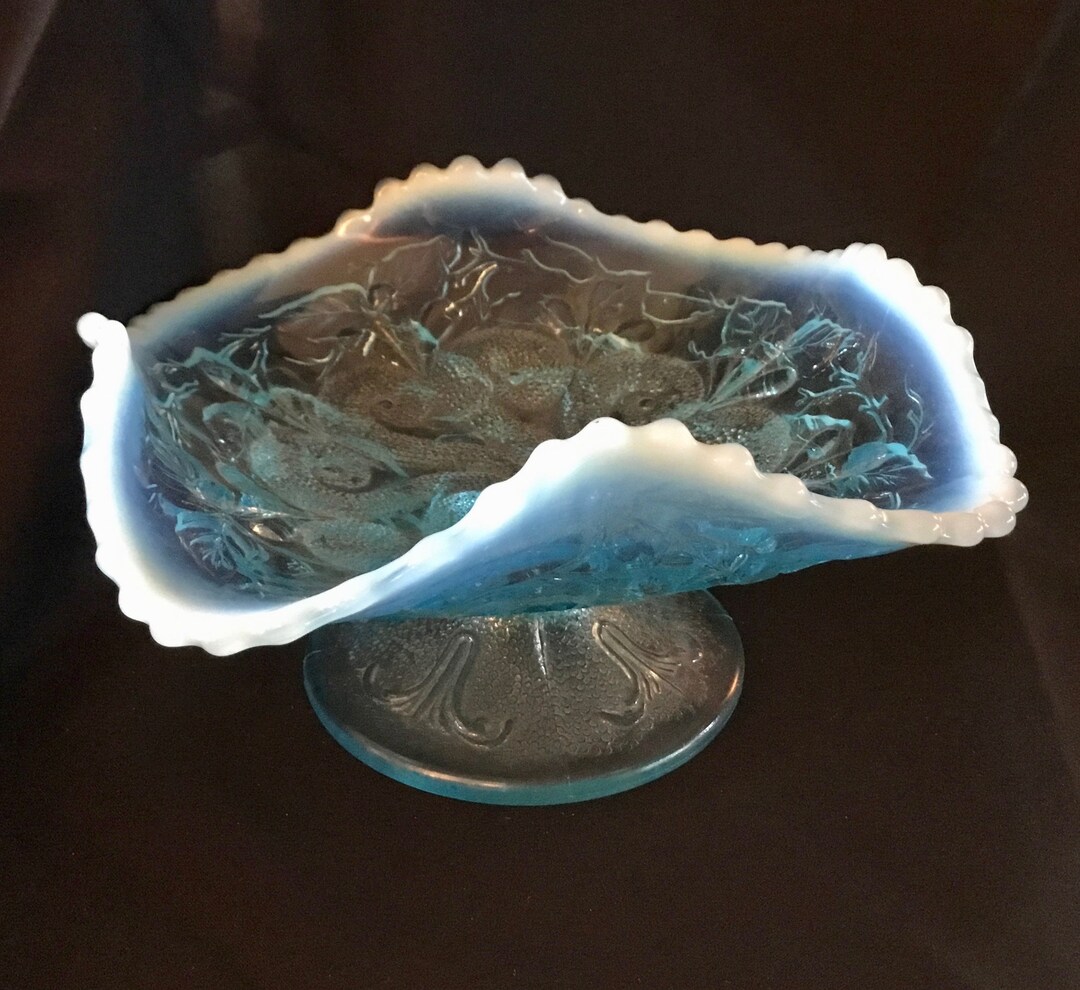 Vintage Dugan Glass Company "question Marks" Blue Opalescent Pedestal ...